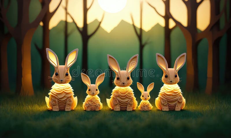 Four Paper Rabbits Illuminated from within Sit on a Grassy Hill in a ...