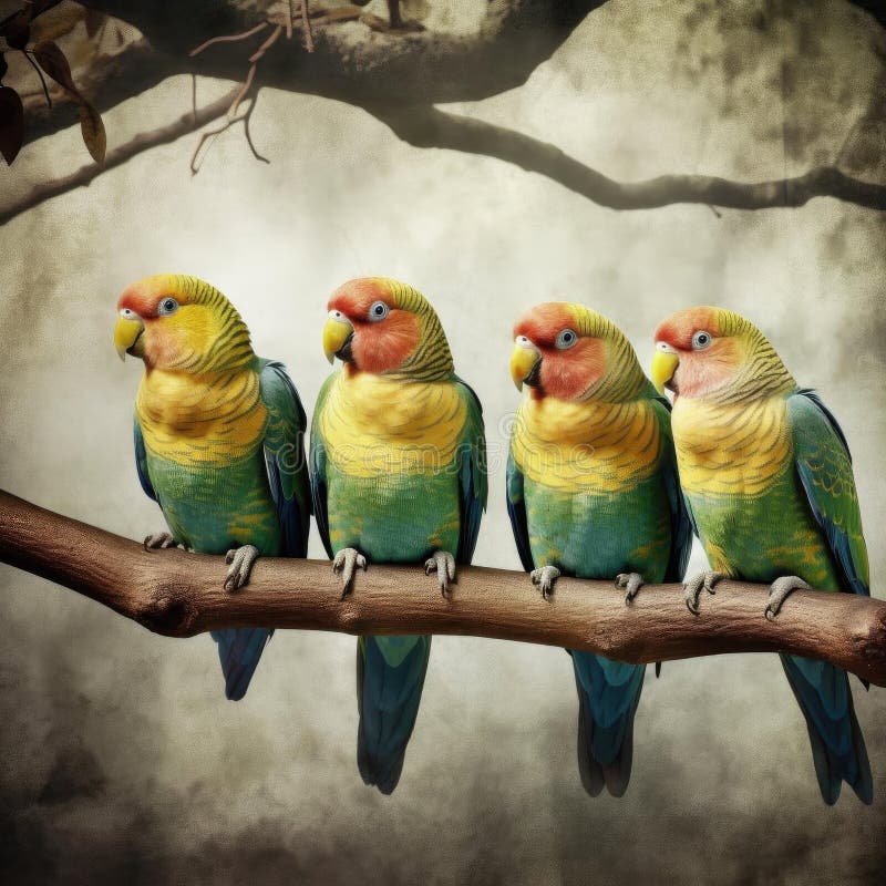 Four Parrots Sit on a Branch in the Shade of a Tree Stock Image - Image ...