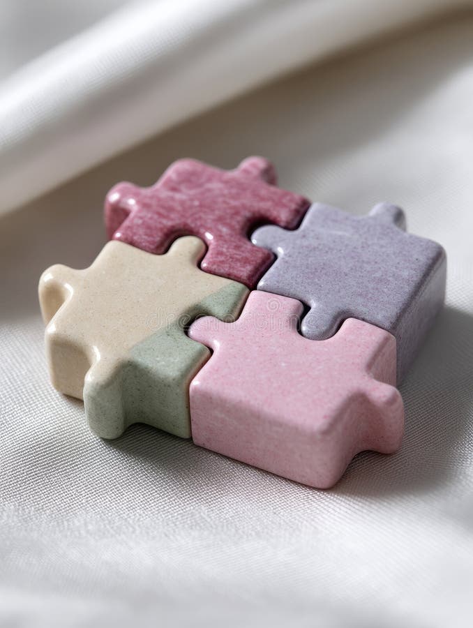Four Pastel Puzzle Pieces Interconnected on Fabric Background. Stock ...