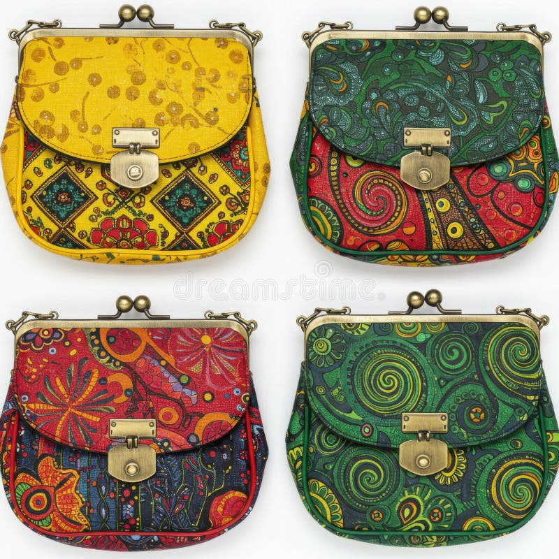 Four Patterned Coin Purses with Metal Clasps Arranged on a White ...