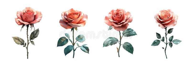 Four Peach-colored Roses with Varying Stem and Leaf Arrangements are on ...