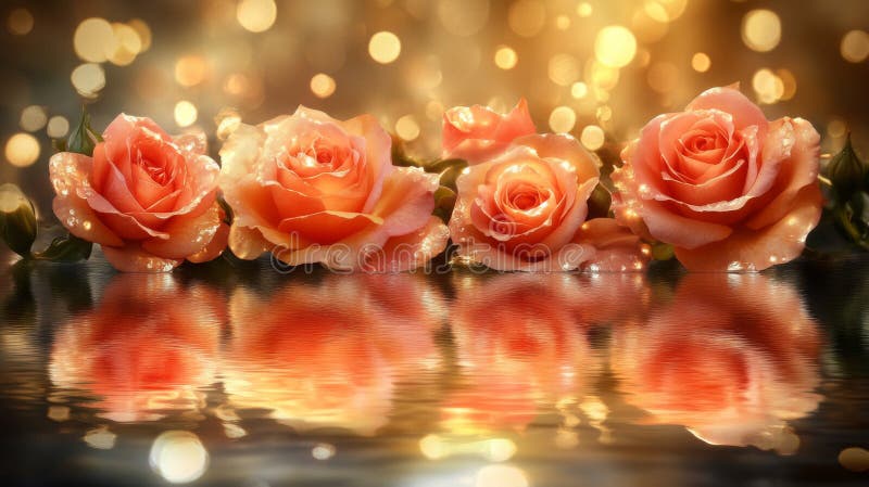 Four Peach Roses Reflecting in Water with Golden Lights Stock ...