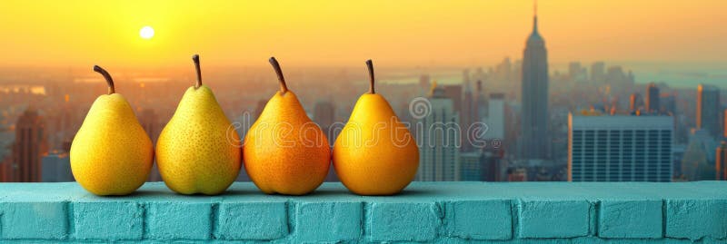 Four Pears are Lined Up on a Ledge with the City Skyline in Background ...