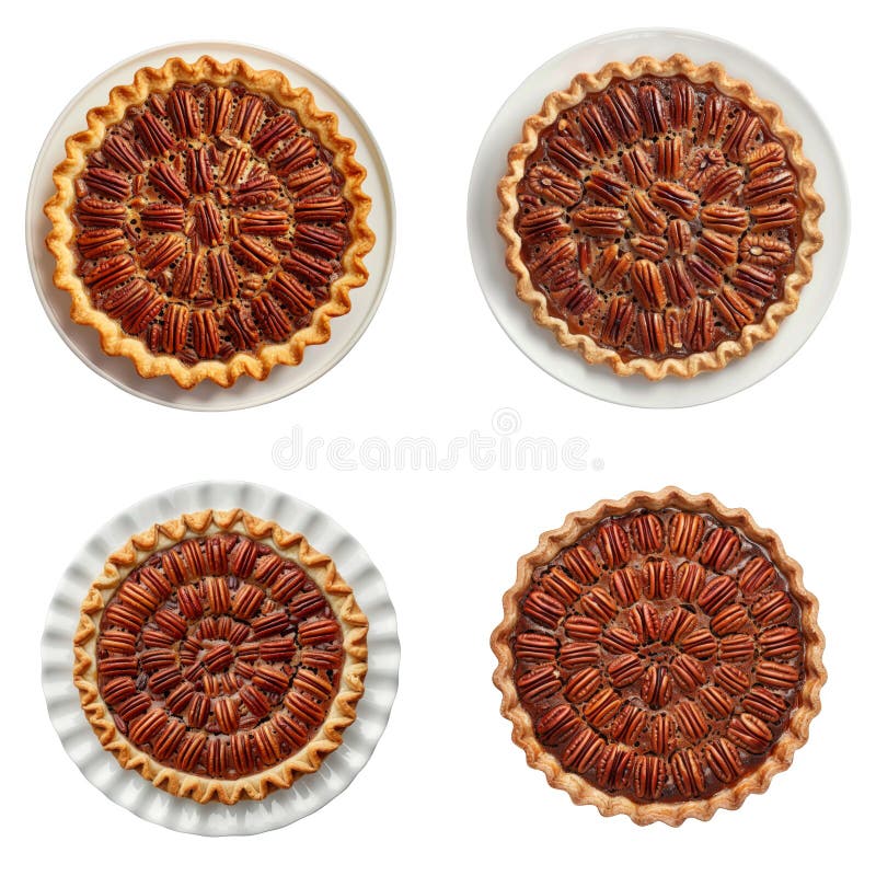 Four Pecan Pies on White Plates Stock Photo - Illustration of treat ...