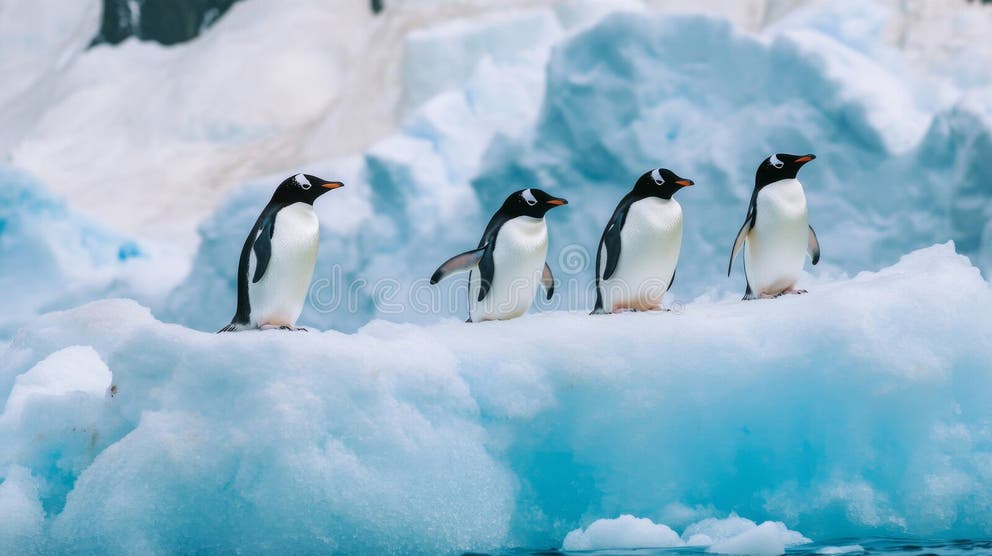 Four Penguins on a Blue Iceberg in Antarctica Stock Illustration ...