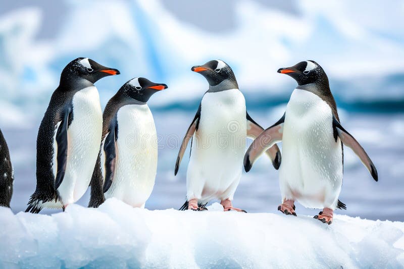 Four Penguins - Gentoo Penguins - Pygoscelis Papua - Drifting on Ice ...