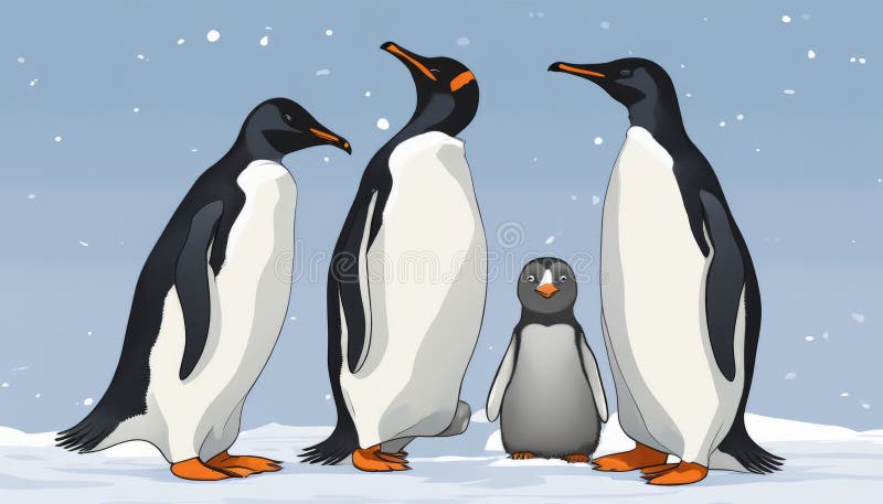 Four Penguins Standing in the Snow Stock Illustration - Illustration of ...