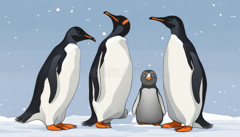 Four Penguins Standing in the Snow Stock Illustration - Illustration of ...