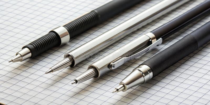 Four Pens on Graph Paper - a Study in Design and Function Stock ...