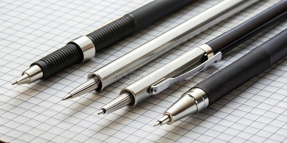 Four Pens on Graph Paper - a Study in Design and Function Stock ...