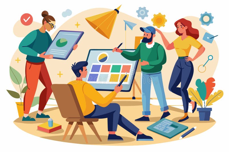 Four People Brainstorm and Design a Colorful Two-dimensional Drawing in ...