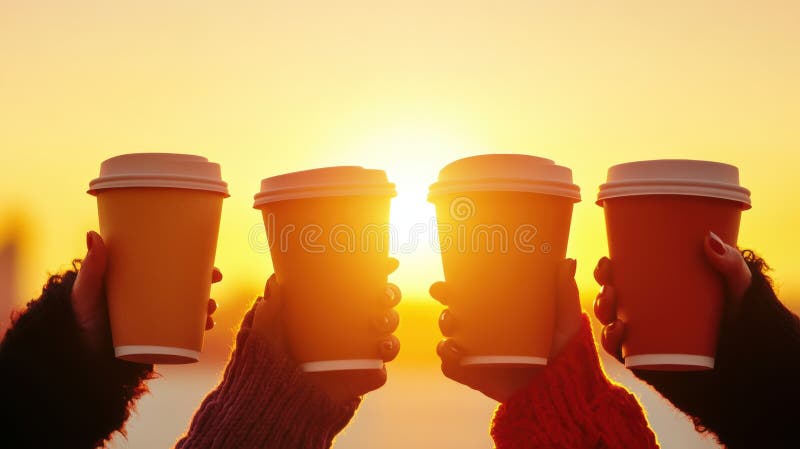 Four People Holding Up Cups of Coffee with the Sun in Front, AI Stock ...
