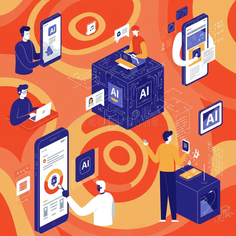 Four People Interact with AI Technology in a Digital Environment. a ...