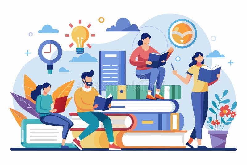 Four People Read and Study from Books in a Library Setting, People Read ...