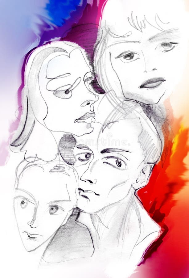 Four People S Faces - Colored Sketch Stock Illustration - Illustration ...