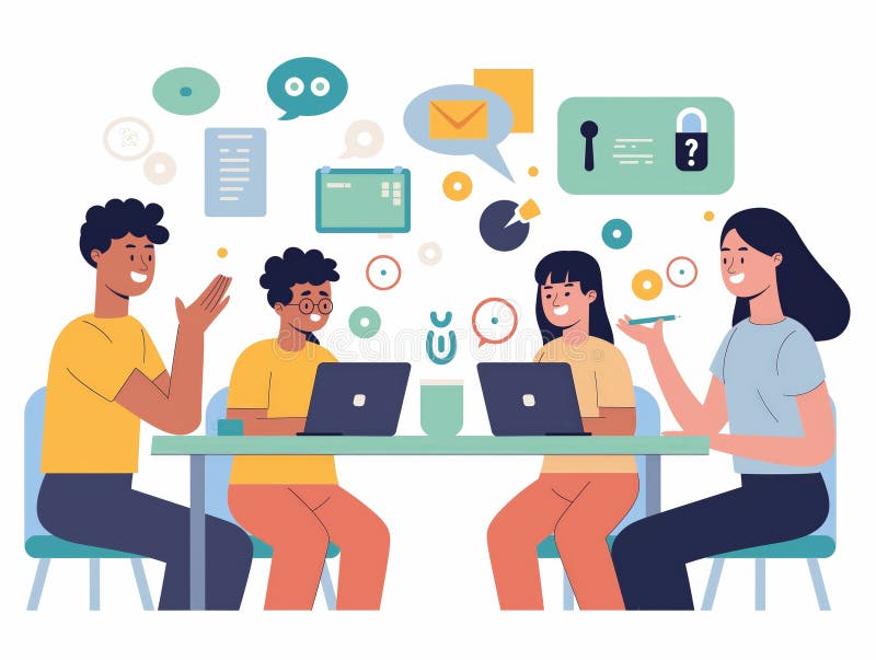 Team Collaboration with Laptops and Digital Icons Stock Illustration ...