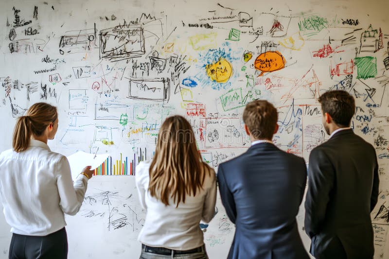 Four People Studying a Whiteboard Covered in Doodles and Notes Stock ...