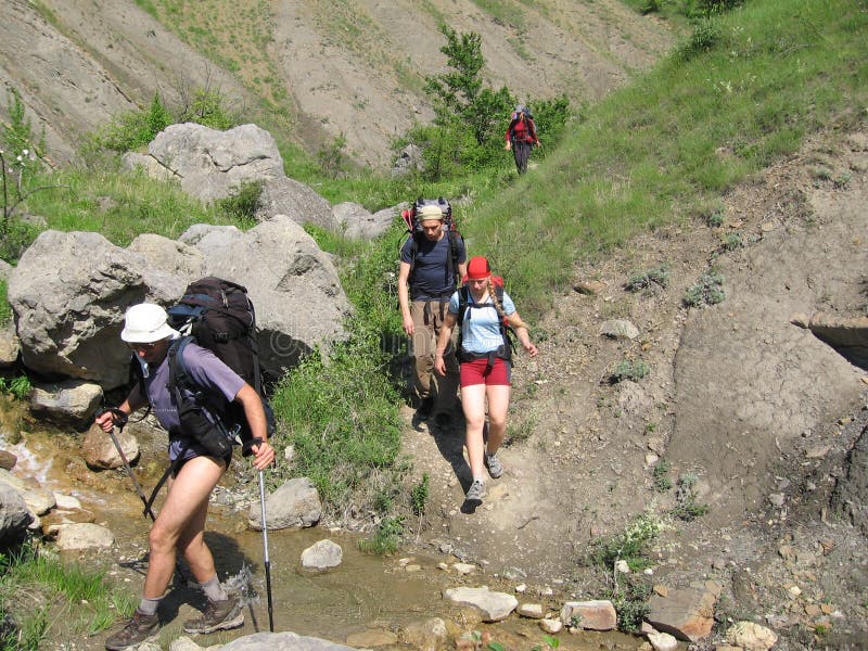 Four People on the Summer Trekking Stock Image - Image of alpine ...