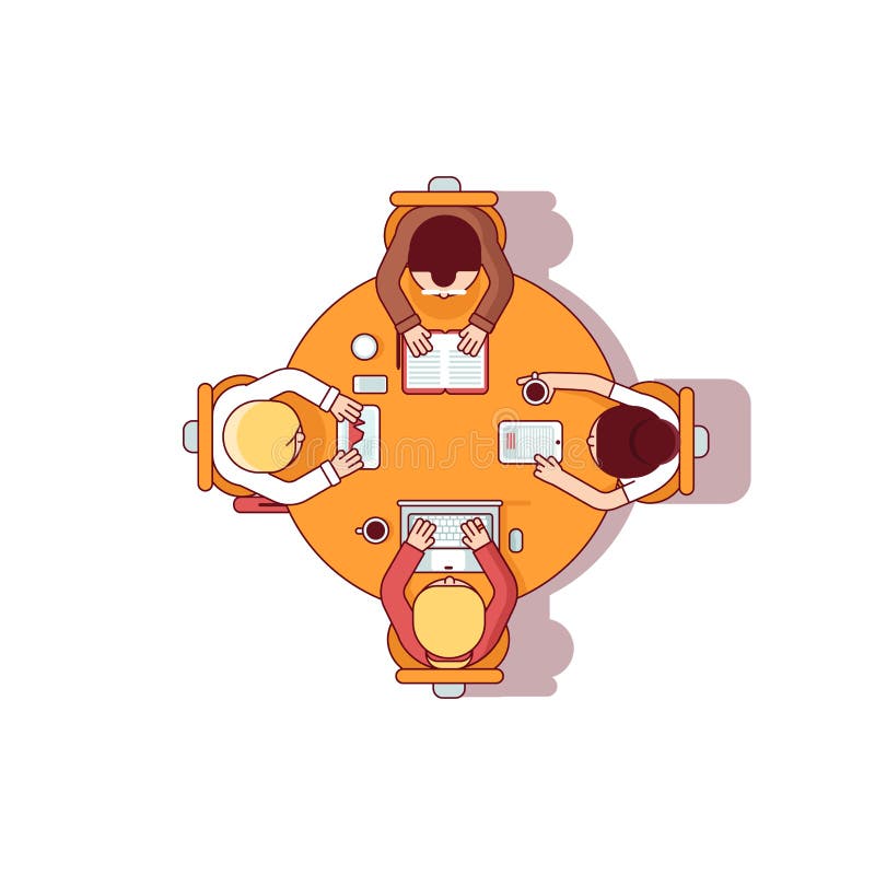 Four People Team Sitting and Working Together Stock Vector ...