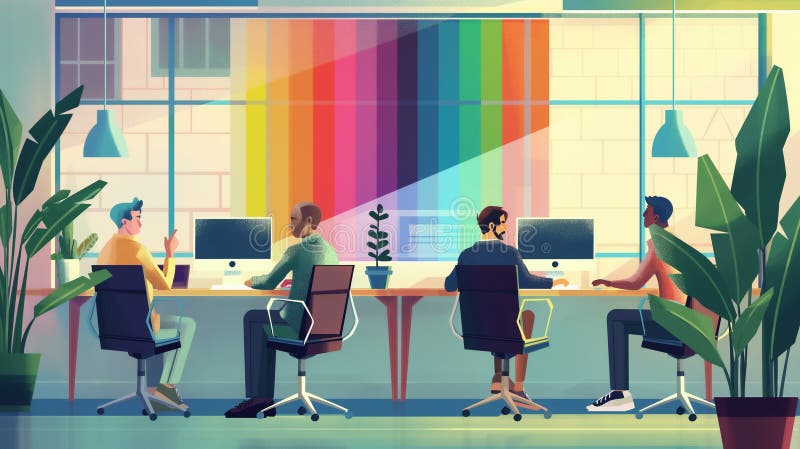 Four People Working at Desks in a Colorful, Modern Coworking Space with ...