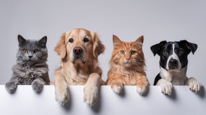 Four Pets: Golden Retriever and Three Cats Sitting Side by Side Stock ...
