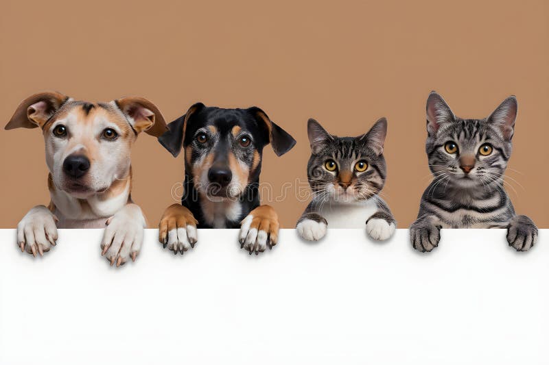 Four Pets Peek Over White Bar, Curious and Relaxed Stock Illustration ...