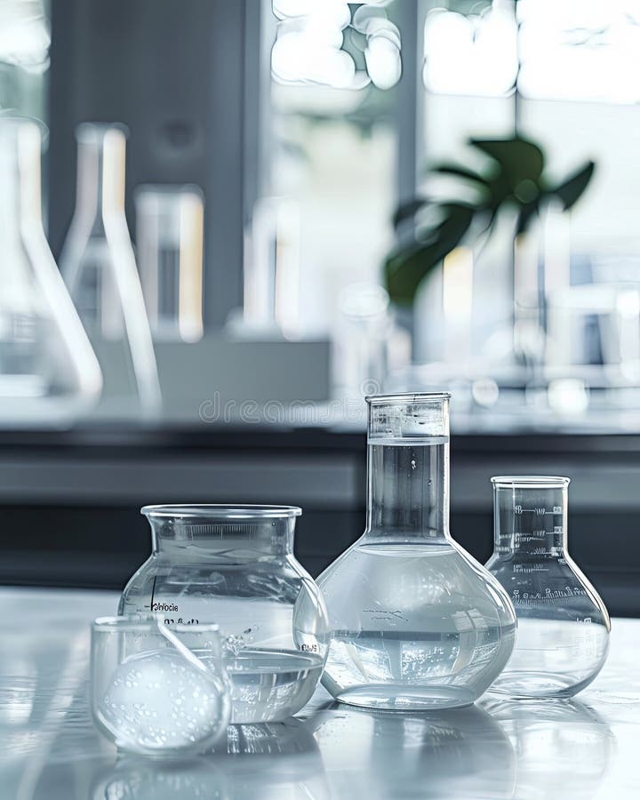 Glassware Filled with Clear Liquid Samples on a Laboratory Table Stock ...