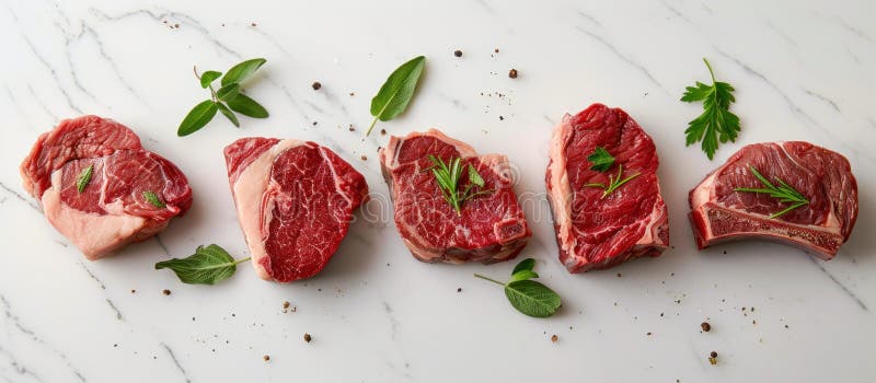 Four Pieces of Raw Meat on White Counter Stock Image - Image of cooking ...