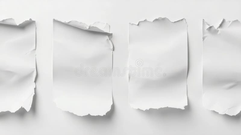 Four Pieces of Torn Paper with Fragmented Text on a Clean White ...