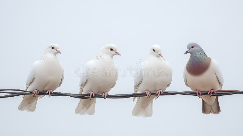 Four Pigeons Sitting on a Cable, with White Doves and a Gray Pigeon ...