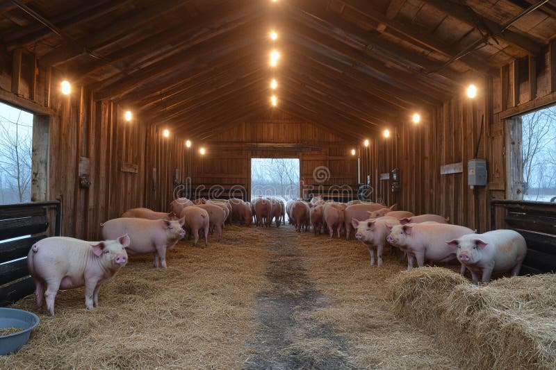 Four Pigs Standing Together in a Rustic Barn with Warm String Lights at ...