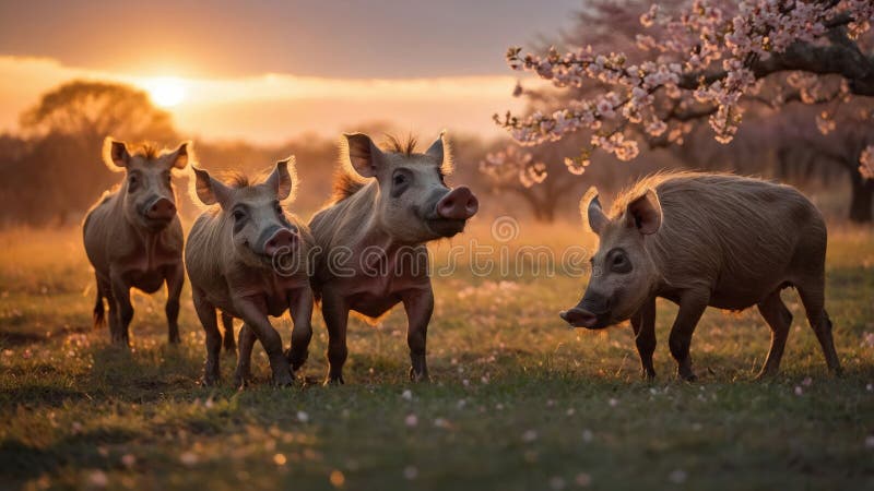 Four Pigs Walking in a Field during Sunset, Surrounded by Blooming ...
