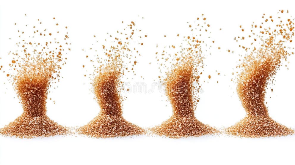 Four Piles of Brown Sugar Exploding Upward Against a White Background ...
