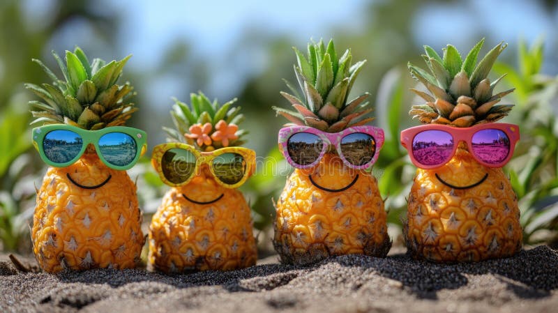 Four Pineapples with Sunglasses and Smiles on Sandy Beach Stock Image ...