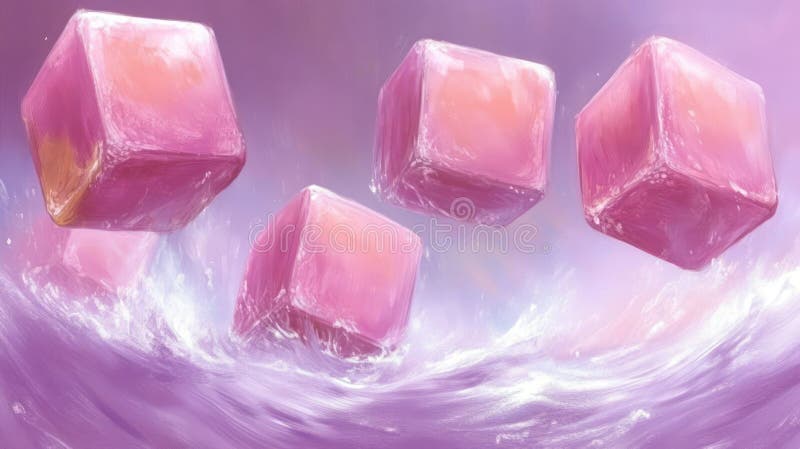 Four Pink Ice Cubes Floating in a Swirling, Soft-colored Liquid ...