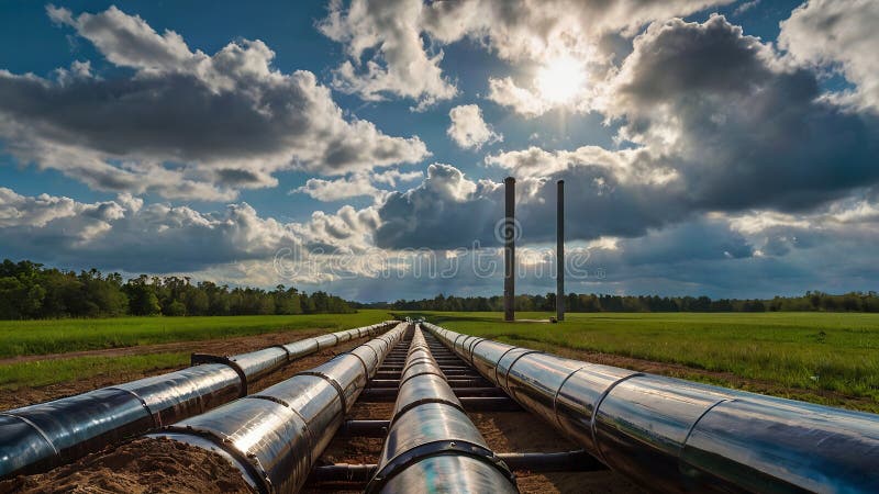 Four Pipeline Lines among a Green Field Against a Blue Sky Stock Image ...