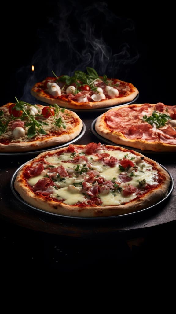 Four Pizzas with Different Toppings on a Table. Generative AI. Stock ...