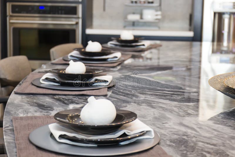 Four Place Settings on Marble Counter Stock Photo - Image of home, four ...