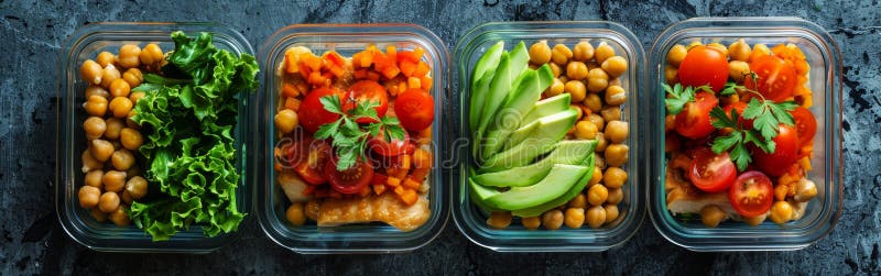 Four Plastic Containers Arranged with Assorted Food Items Including ...