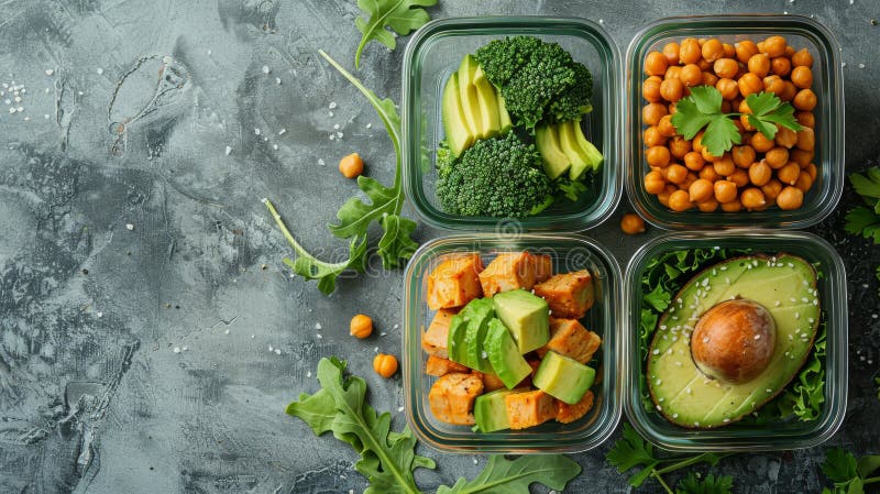 Four Plastic Containers are Filled with Various Types of Food Including ...