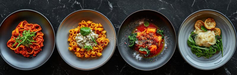 Four Plates Filled with Various Kinds of Foods Stock Photo - Image of ...