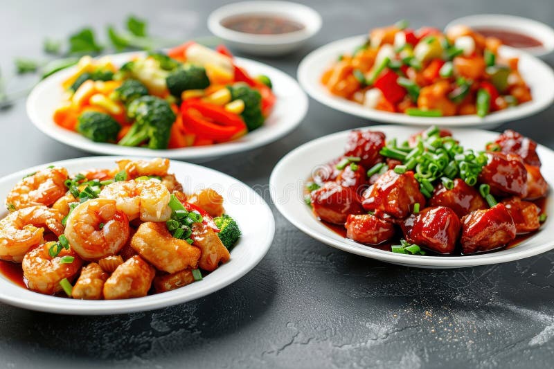 Four Plates of Food with Different Types of Meat and Vegetables Stock ...