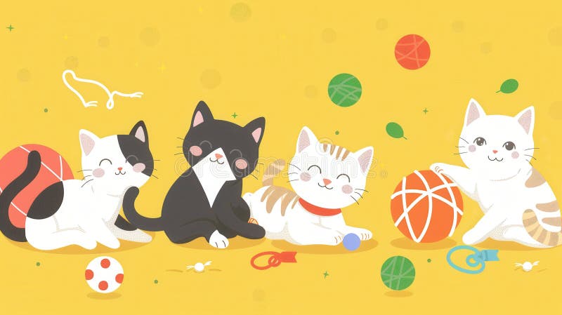 Four Playful Cats Interact with Various Toys and Colorful Yarn Balls ... Four Playful Cats Interact with Various Toys and Colorful Yarn Balls ...