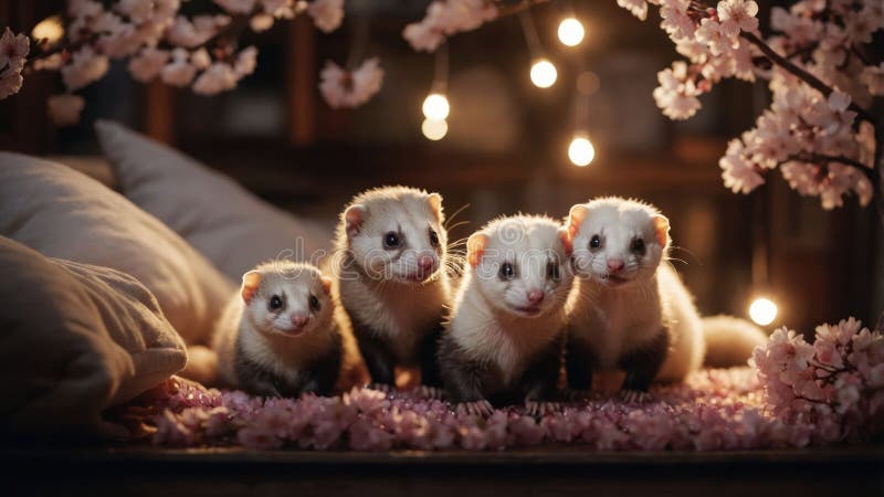 Adorable Ferrets Posing Amongst Cherry Blossoms and Fairy Lights Stock ...