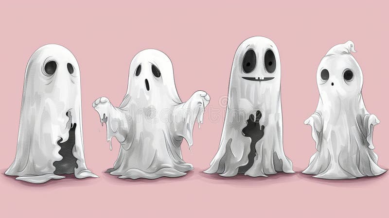 Four Playful Ghost Characters in Fun Poses Against a Light Pink ...