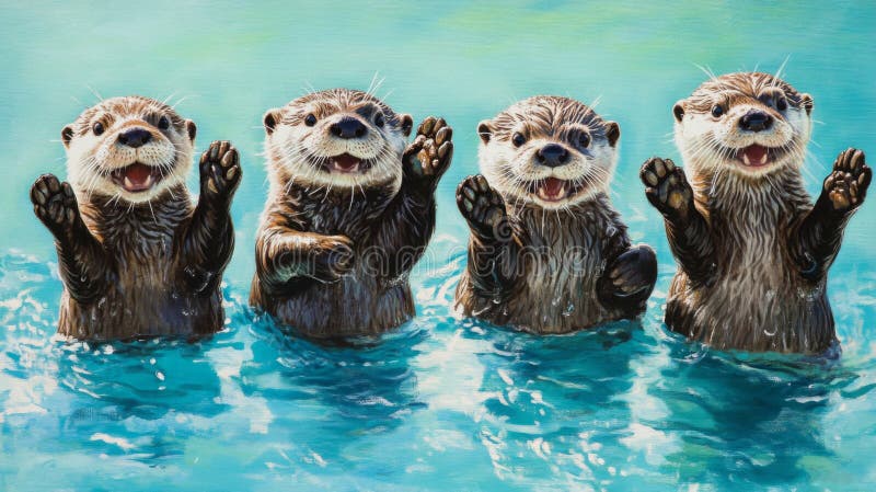 Four Playful Otters Waving in Blue Water Stock Illustration ...