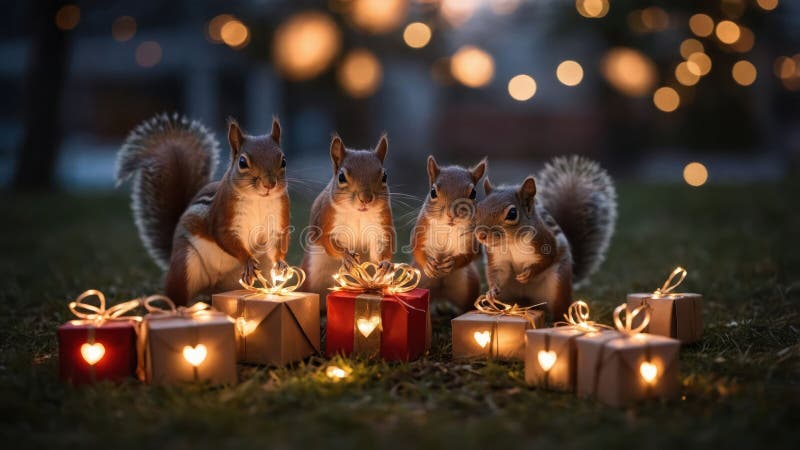 Adorable Squirrels with Christmas Gifts and Lights Stock Illustration ...