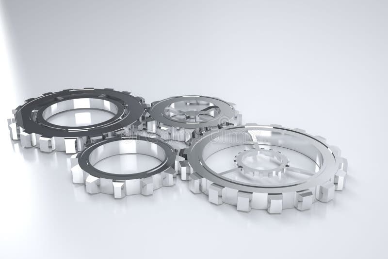 Four Polished Silver Gears are Interlocking on Shiny Grey Surface in 3D ...
