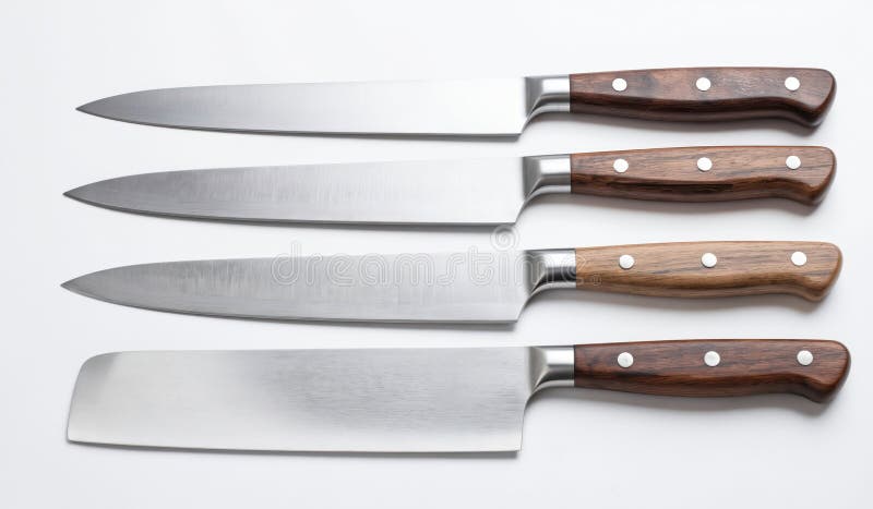 Four Polished Steel Chef Knives with Rich Wood Handles. Triangular ...