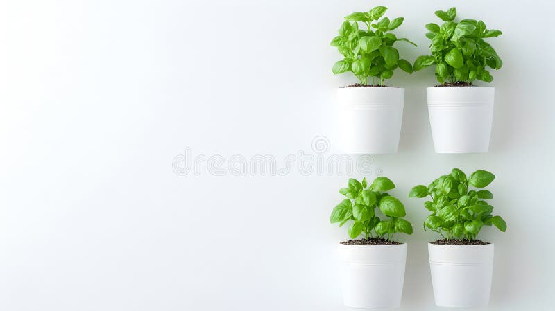 Four Pots of Vibrant Basil Growing Vertically on White Wall Ideal for ...